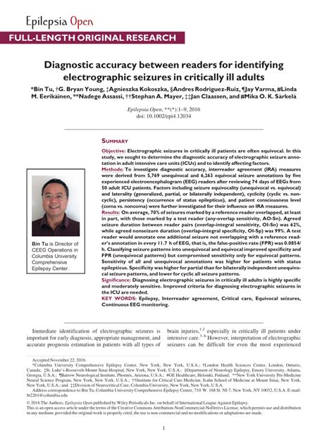 Pdf Diagnostic Accuracy Between Readers For Identifying Electrographic Seizures In Critically