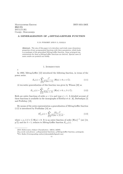 Pdf A Generalization Of Q Mittag Leffler Function