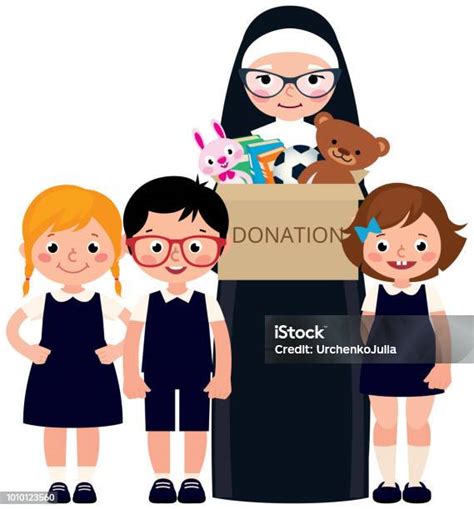 기독교 수녀와 어린이 장난감 및도 서와 기부금의 상자를 들고 벡터 만화 그림 교회에 대한 스톡 벡터 아트 및 기타 이미지 교회 아이 원조 Istock