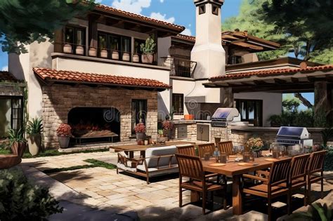 Outdoor Living Villa Backyard With Patio And Fireplace Generative By Ai Stock Illustration