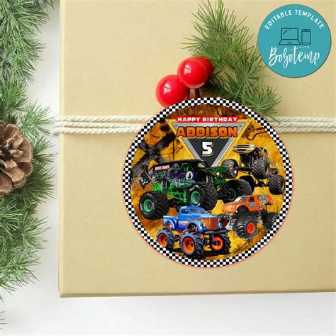Monster Truck Circle Sticker Label Template Customizable Diy Bobotemp
