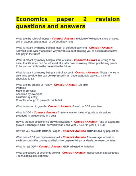 Economics Paper Revision Questions And Answers Exams Economics Docsity