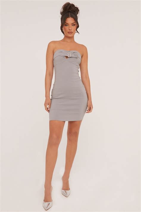 Grey Bandeau Belt Detail Bodycon Mini Dress Anaya Rebellious Fashion