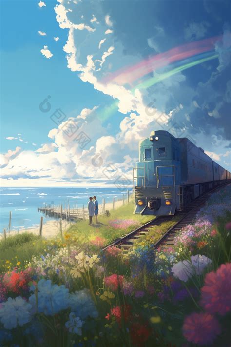 彩虹列车海边风景数字插画图片 包图网