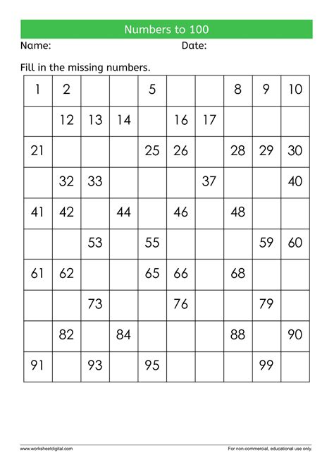 Missing Numbers 1 To 100 Worksheets