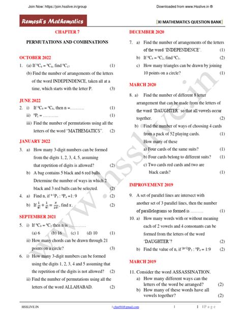 Hsslive Xi Maths Qb 7 Permuations And Combinations Pdf Permutation Linguistics