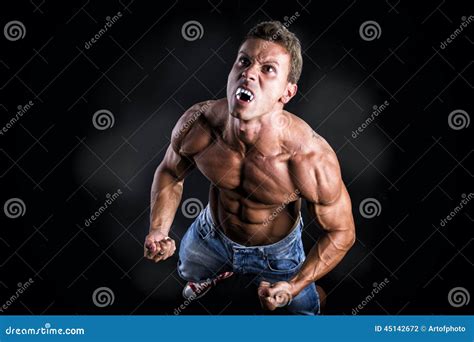 Shirtless Muscle Man With Pointed Teeth Howling Stock Photo Image Of Outrage Gesture