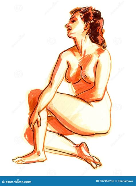 Drawing Of Naked Figure Of Girl With Watercolor Markers Stock