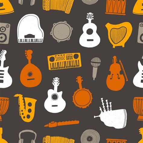 Musical Instruments Flat Vector Seamless Pattern Colored Cosilhouette On Black Background
