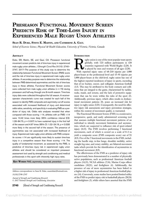 Duke 2017 Preseason Functional Movement Screen Predicts Risk Of Time