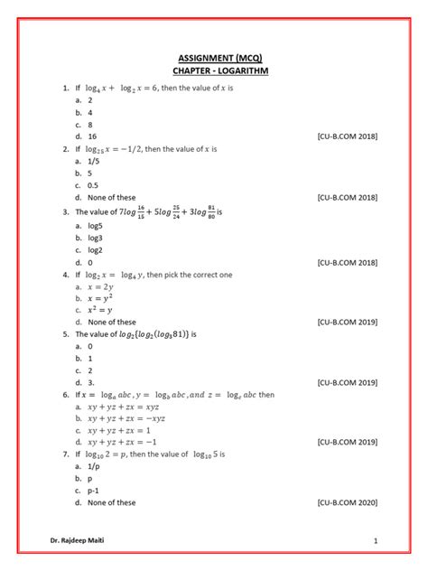 Assignment Chapter Logarithm Pdf Logarithm Number Theory