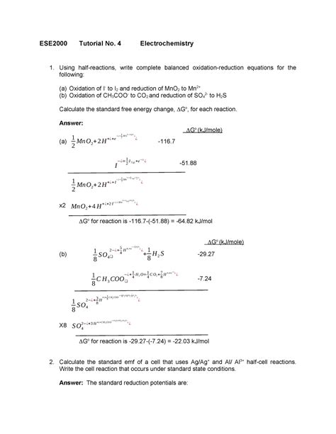 Tutorial No Electrochemistry Solution ESE Tutorial No Electrochemistry Using