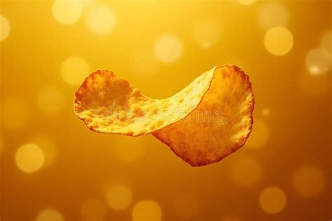Single Potato Chip Floating On A Golden Background With Bokeh Effect