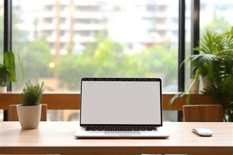Workspace With Laptop Computer Empty Screen And Office Supply On Wooden Table Ai Generate Stock