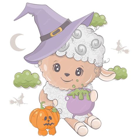 Premium Vector Cartoon Witch Sheep With Pumpkin Vector Illustration