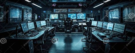 Modern Futuristic Control Center With Sleek Metal Surfaces And Towering Console Surrounded By A