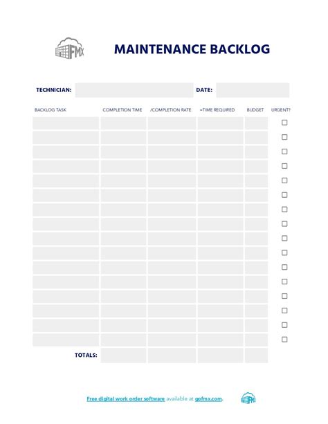 Maintenance Backlog Template Pdf Excel Word