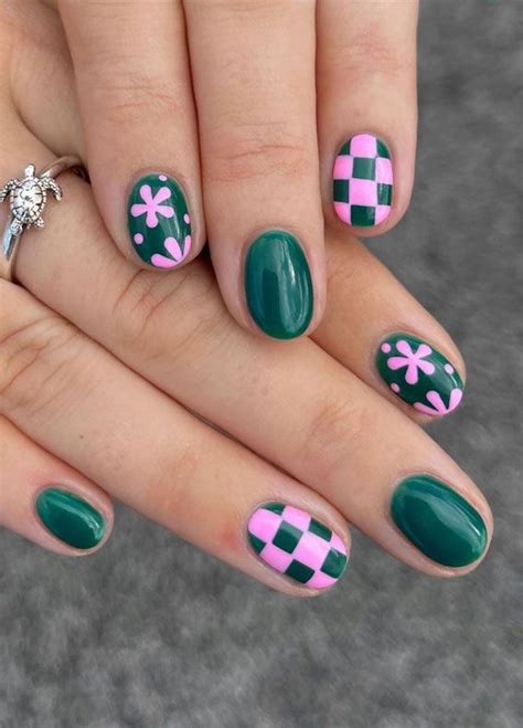 50 Pretty Spring Colour Nail Ideas And Designs Pink Flower Green Nails