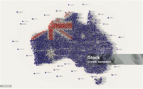 흰색 바탕에 소셜 미디어와 커뮤니케이션 개념에 호주 지도 및 국기를 형성 하는 사람들의 큰 그룹 위에서 군중 그림의 3d 기호 함께 모여 호주에 대한 스톡 사진 및 기타