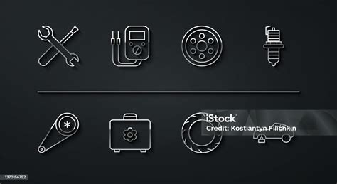 세트 라인 드라이버와 렌치 스패너 타이밍 벨트 키트 자동차 스파크 플러그 타이어 휠 툴박스 멀티미터 깨진 자동차 및 합금 아이콘 벡터 건설 산업에 대한 스톡 벡터 아트 및