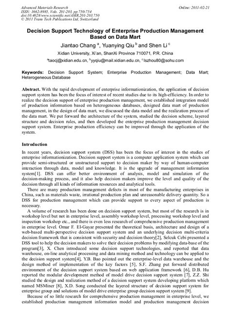Decision Support Technology Of Enterprise Production Management Based On Data Mart Scientific Net