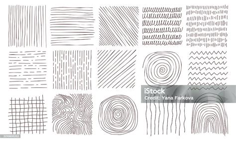 손으로 그린 선 텍스처 세트 벡터 낙서 수평 및 웨이브 스트로크 컬렉션 그래픽 벡터 자유형 텍스처 세트 잉크 선이 흰색 배경에 고립되어 있습니다 개체 그룹에 대한 스톡 벡터