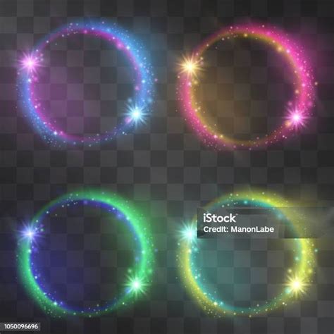 네온 프레임 세트 라운드 듀오 광채 효과 빛 스타 더스트 빛나는 빛나는 꼬리 원 혜성 흔적 반짝 조명 투명 한 바탕에 고급 스러운 네온 반지 디자인입니다 개체 그룹에 대한