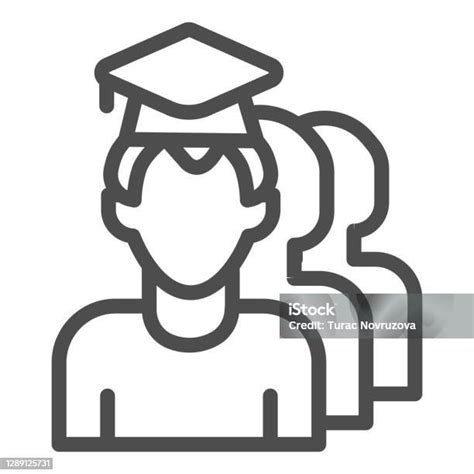 학생과 학생 라인 아이콘 학교 개념 대학원 및 학생들은 흰색 배경에 서명 모바일 개념에 대한 개요 스타일에 대학 모자 아이콘을 입고 남자 벡터 그래픽 선 아이콘에 대한 스톡