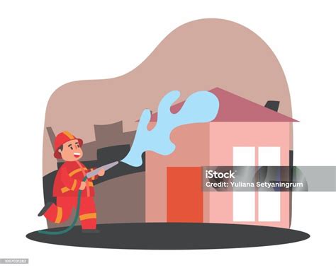 용감한 직업 소방 관 소방 관 Fireguard 소화기 만화 캐릭터 구조에 대한 스톡 벡터 아트 및 기타 이미지 구조