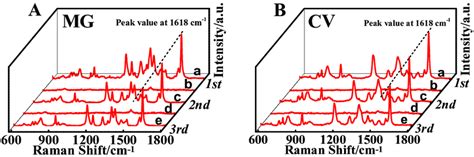 Sers Spectra Of A Mg And B Cv Adsorbed On The Au Nrstio2