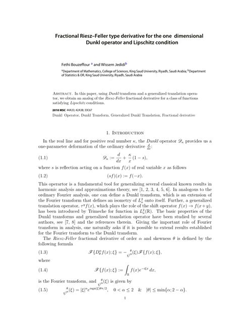 Pdf Fractional Riesz Feller Type Derivative For The One Dimensional Dunkl Operator And