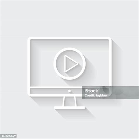 재생 버튼이 있는 데스크톱 컴퓨터입니다 빈 배경에 긴 그림자아이콘 플랫 디자인 3차원 형태에 대한 스톡 벡터 아트 및 기타