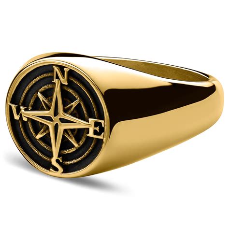 Atlas Gold Tone Steel Compass Signet Ring In Stock Arkai