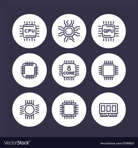 chipset cpu line icons set microchip gpu 8 core vector image