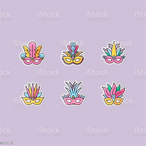 가장은 인쇄 가능한 패치를 마스크합니다 깃털이 달린 전통적인 모자 Rgb 색상 스티커 핀 및 배지 세트 민족 축제 브라질 국경일 벡터 절연 일러스트레이션 사육제에 대한 스톡