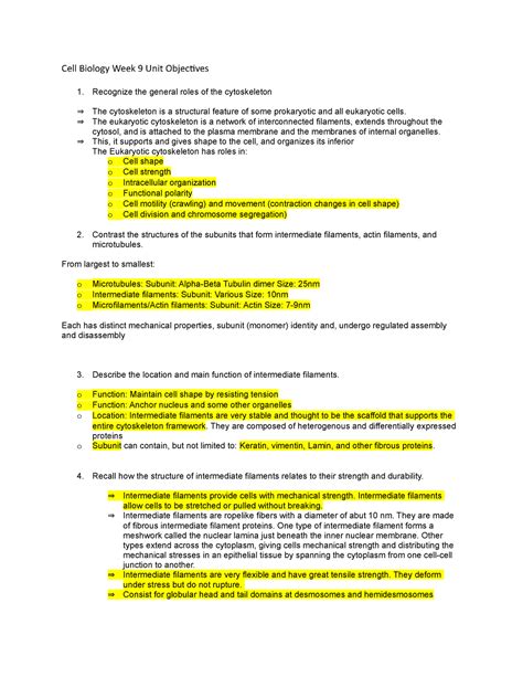 Cell Biology Week 9 Unit Objectives Cell Biology Week 9 Unit