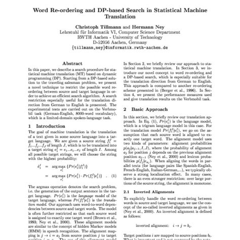 Word Re Ordering And Dp Based Search In Statistical Machine Translation