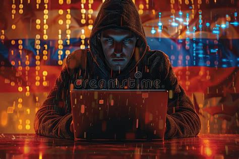 A Hacker Wearing A Dark Hoodie Is Sitting At His Laptop With Binary Code And A Russian Flag