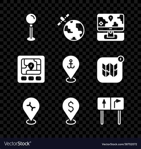 Set Push Pin Satellites Orbiting Planet Royalty Free Vector