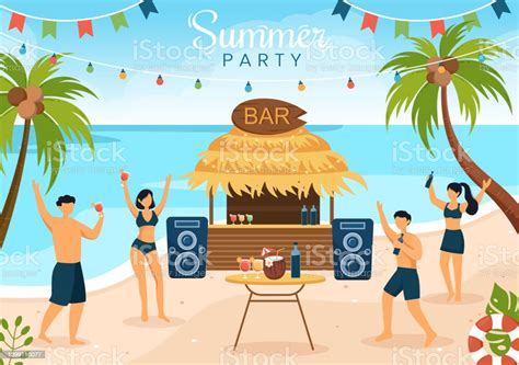 열대 식물이있는 여름 파티 만화 배경 일러스트레이션 포스터 또는 인사말 카드 디자인을위한 해변의 장비 축하에 대한 스톡 벡터 아트 및 기타 이미지 Istock