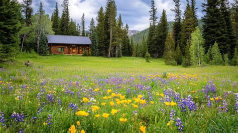 Secluded Log Cabin Nestled In A Vibrant Wildflower Meadow Surrounded By