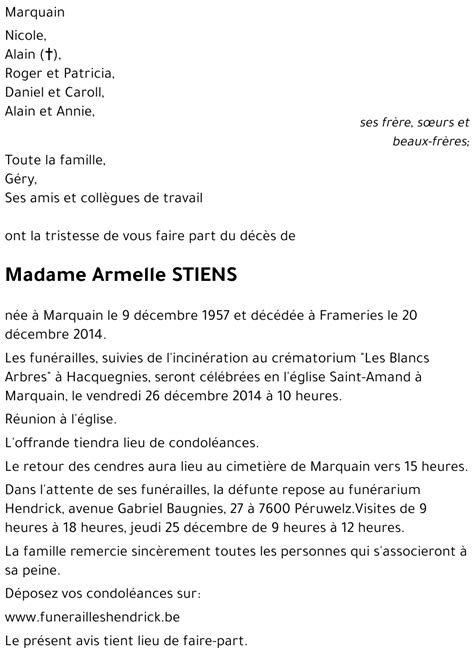 Avis De Décès De Armelle Stiens Décédé Le 20 12 2014 à Frameries Annonce Condoléances Fleurs