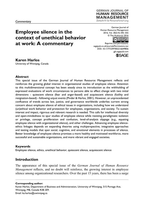 Pdf Employee Silence In The Context Of Unethical Behavior At Work A Commentary