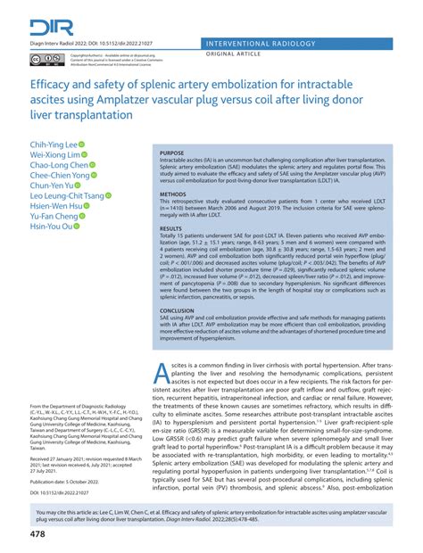 Pdf Efficacy And Safety Of Splenic Artery Embolization For Intractable Ascites Using Amplatzer