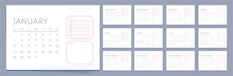 메모를 위한 장소가 있는 2024 캘린더 플래너 템플릿입니다 벽이나 책상 A4 달력의 벡터 레이아웃입니다 일요일 시작 달력 인쇄 가능한 그리드 0명에 대한 스톡 벡터 아트