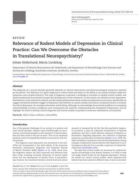Pdf Relevance Of Rodent Models Of Depression In Clinical Practice