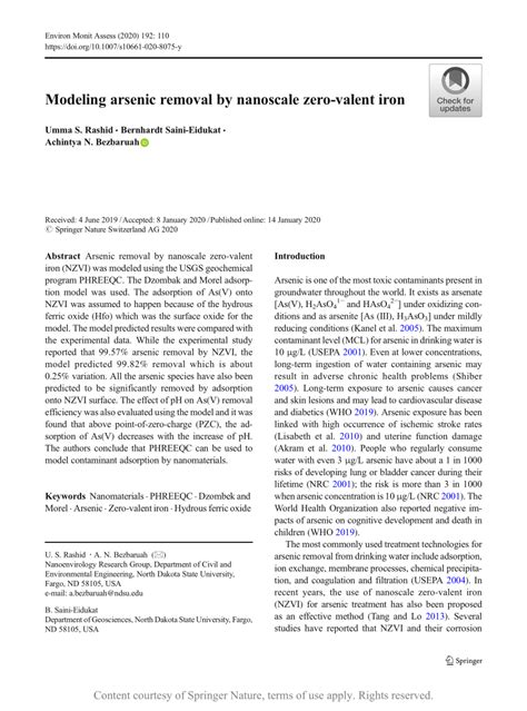 Modeling Arsenic Removal By Nanoscale Zero Valent Iron Request Pdf