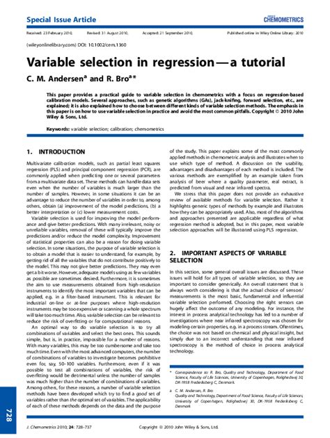 pdf variable selection in regression a tutorial