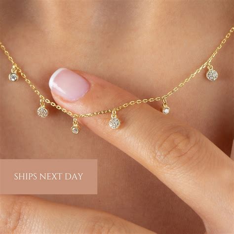 Silver Dangling Cz Diamonds Necklace In 18k Gold Minimalist Diamond