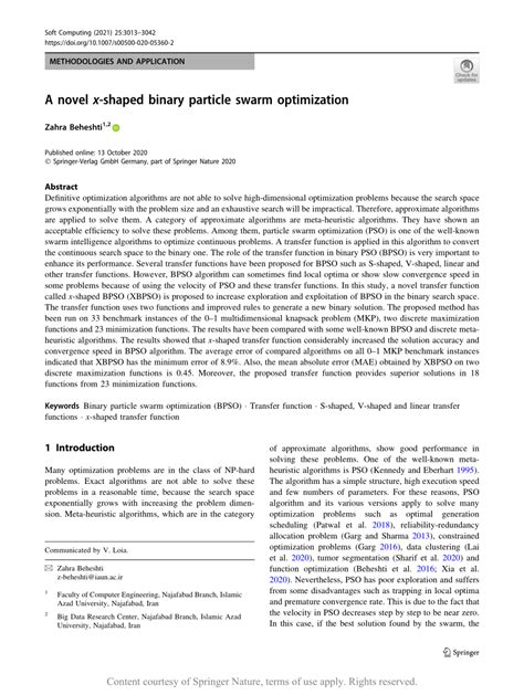 A Novel X Shaped Binary Particle Swarm Optimization Request Pdf